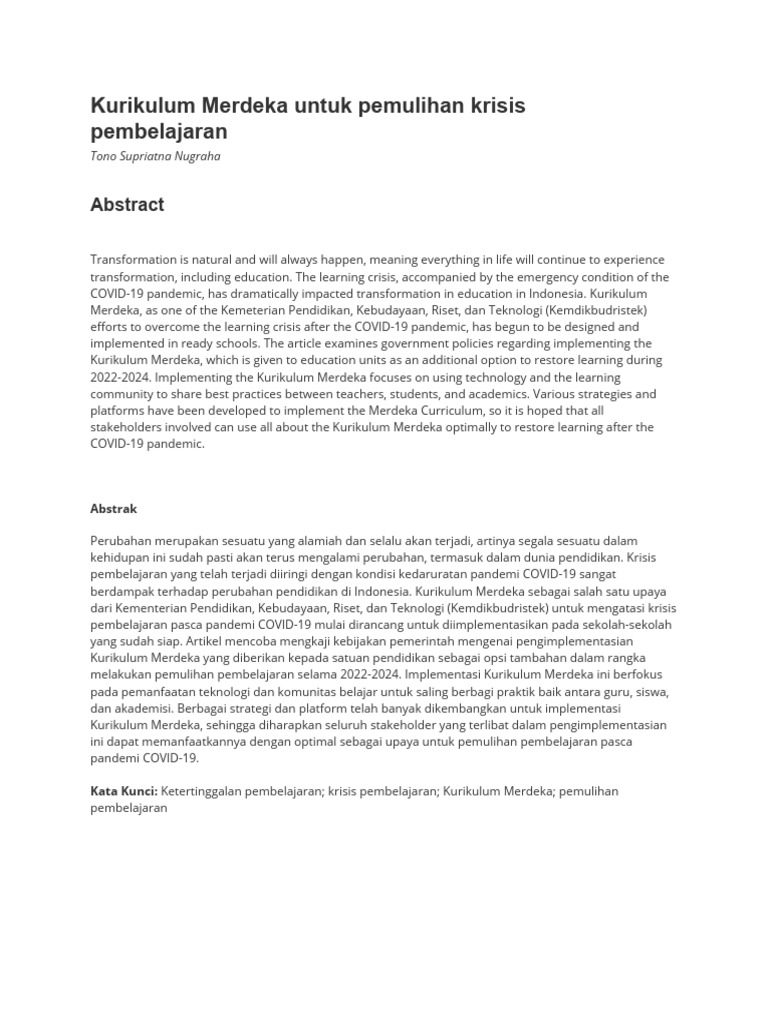 Kurikulum Merdeka Untuk Pemulihan Krisis Pembelajaran: Tono Supriatna Nugraha | PDF