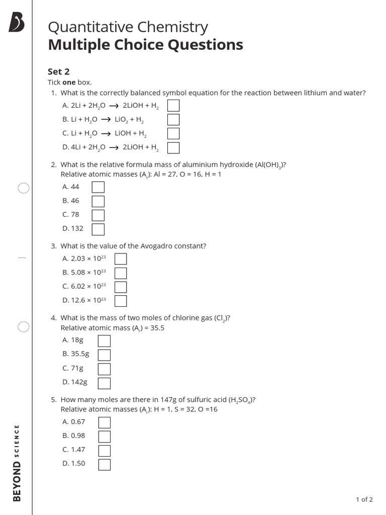 Quantitative Chemistry Multiple Choice Questions Higher Set 2 | PDF ...