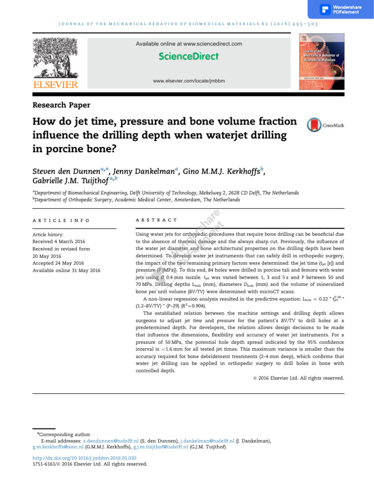 2016 Jet Time Pressure Bone Volume Fraction Influence Waterjet Drilling | PDF | Drilling | Machining