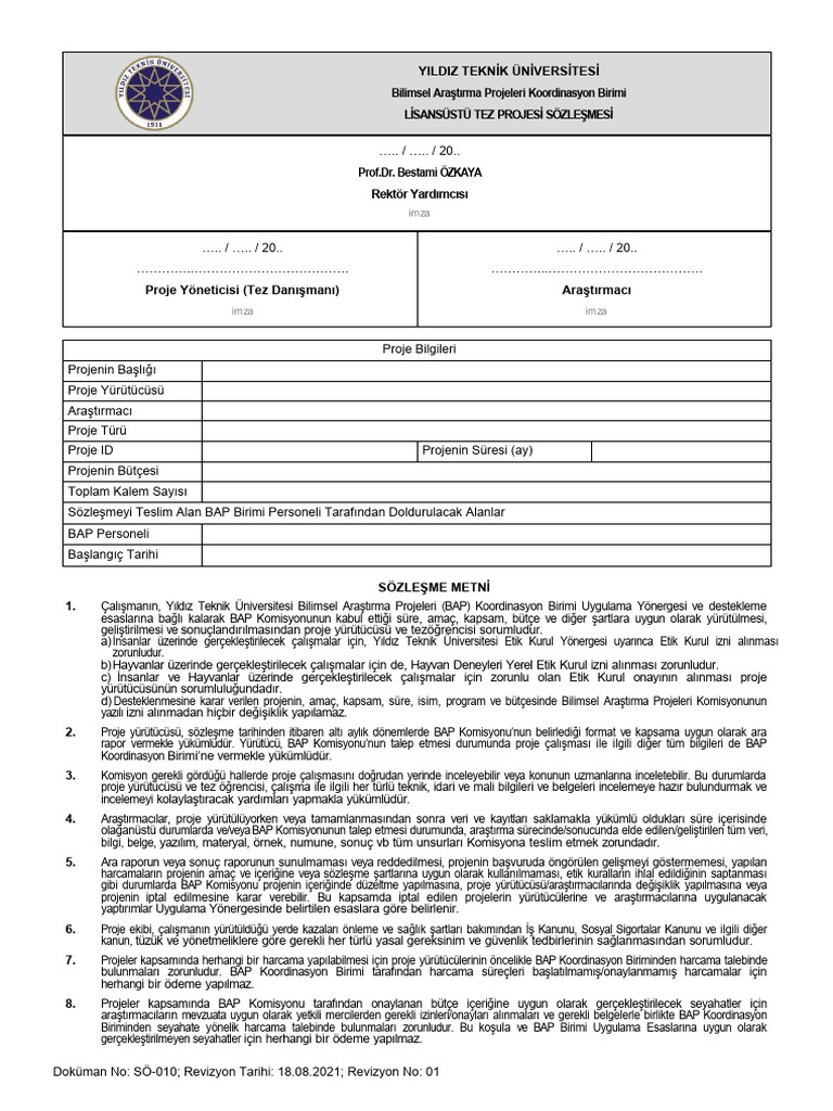 SÖ-010-BAP Koordinasyon Birimi Lisansüstü Tez Projesi Sözleşmesi | PDF