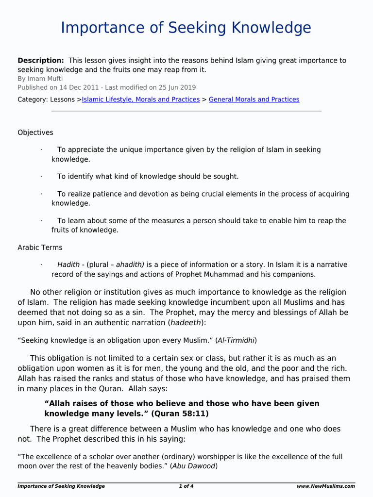 Importance of Seeking Knowledge | PDF | Hadith | God In Islam