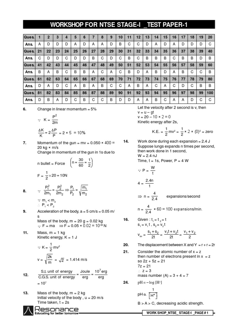 NTSE Stage-I Workshop Test Paper | PDF