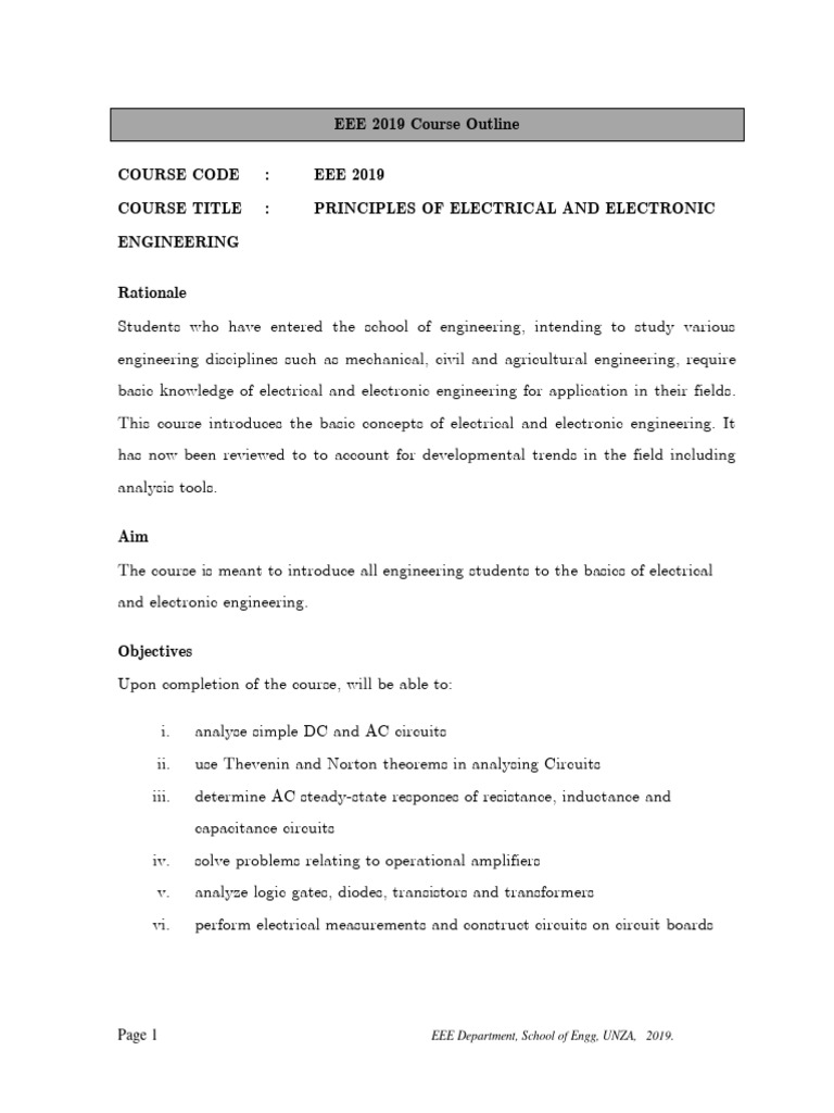EEE 2019 Course Outline Objectives | PDF | Electrical Network | Electrical Engineering