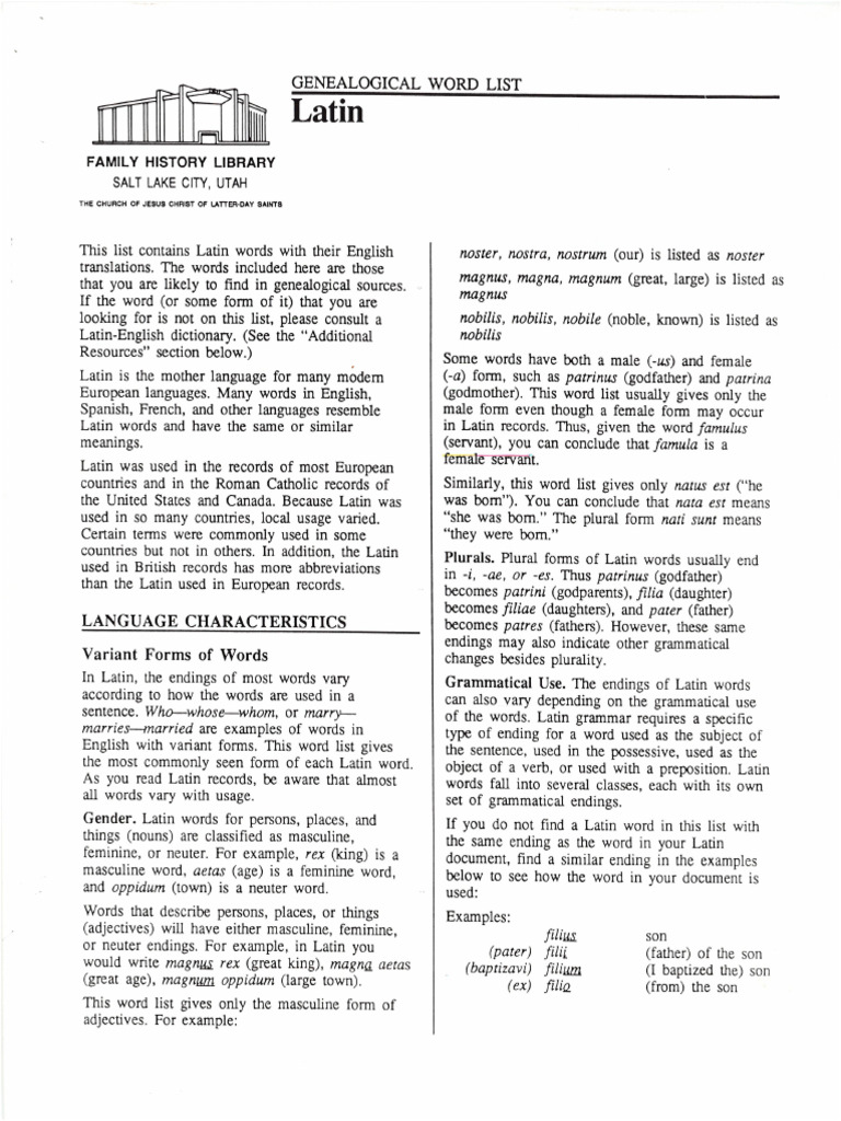 Latin Word List Published by The Family History Library | PDF