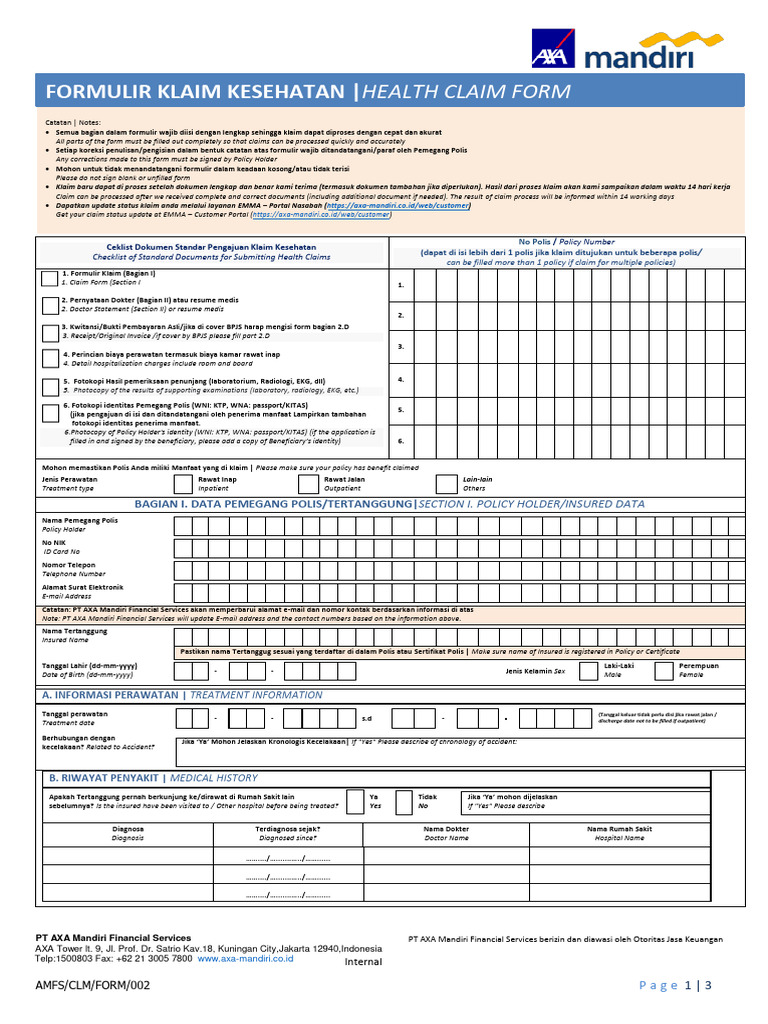 Formulir Klaim Asuransi Kesehatan AXA | PDF