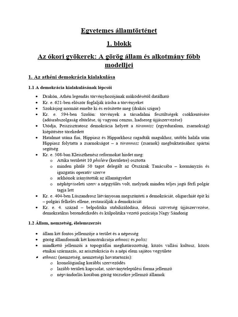 Egyetemes Államtörténet 1. Blokk Görög Római Bizánc | PDF