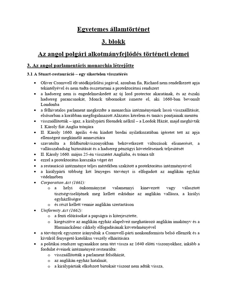 Egyetemes Államtörténet 3. Blokk Angol Újkor Cári Orosz Német Egység | PDF