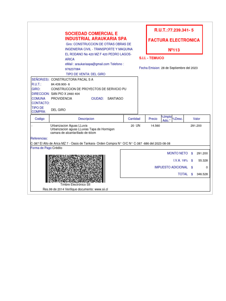 Factura 113 Asociada A Orden de Compra C-387 686 Empresa Pacal Sa Obra ...