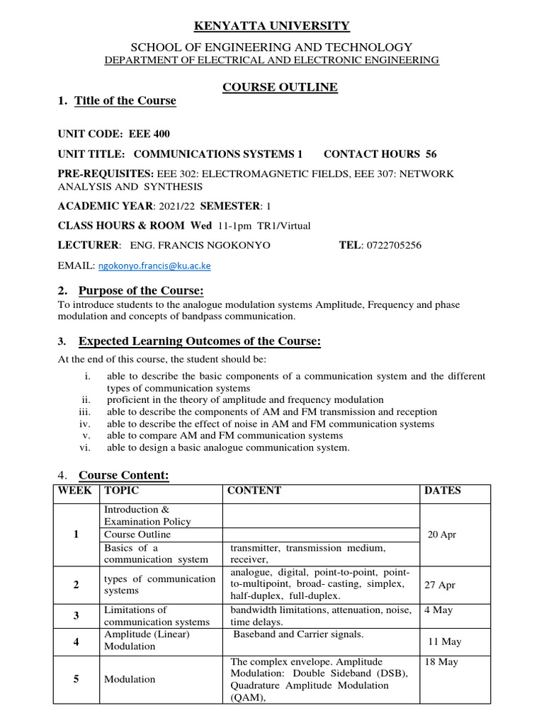 01 Eee 400 Course Outline Rev1 Pdf Modulation Frequency Modulation