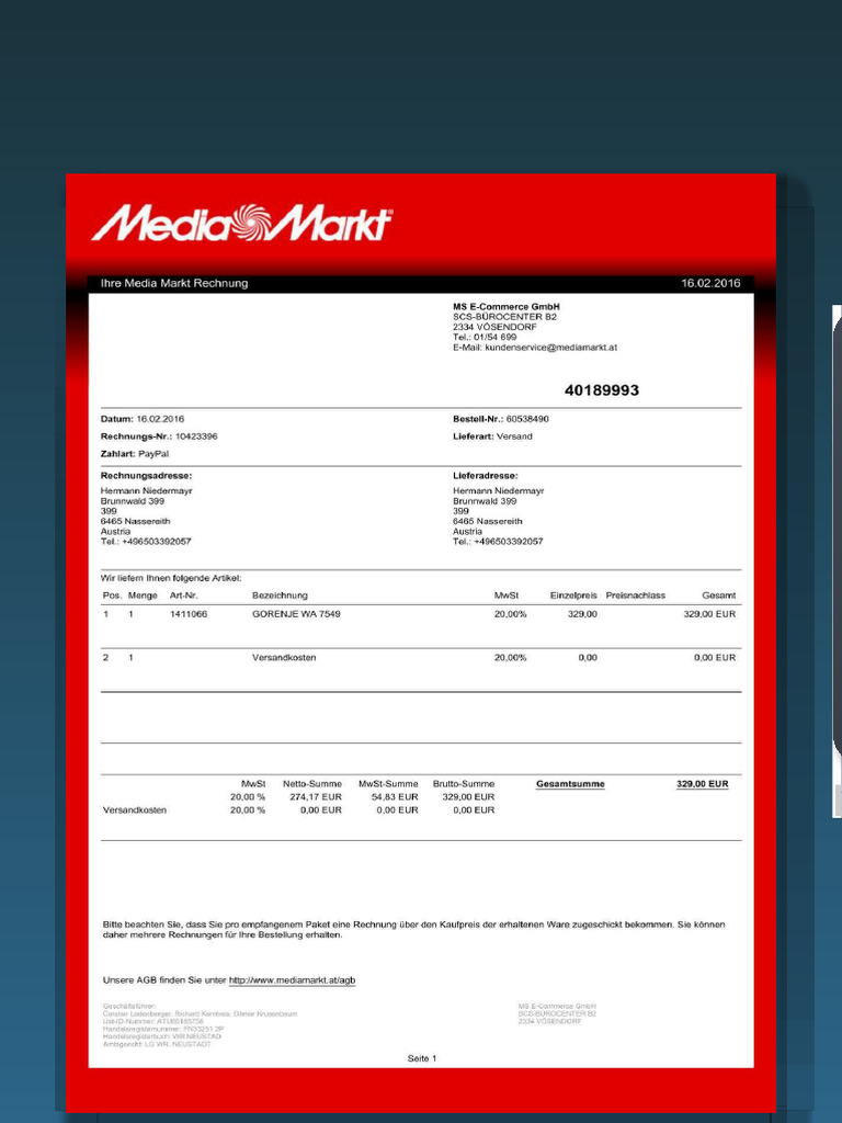 Rechnung Media Markt Waschmaschirne | PDF