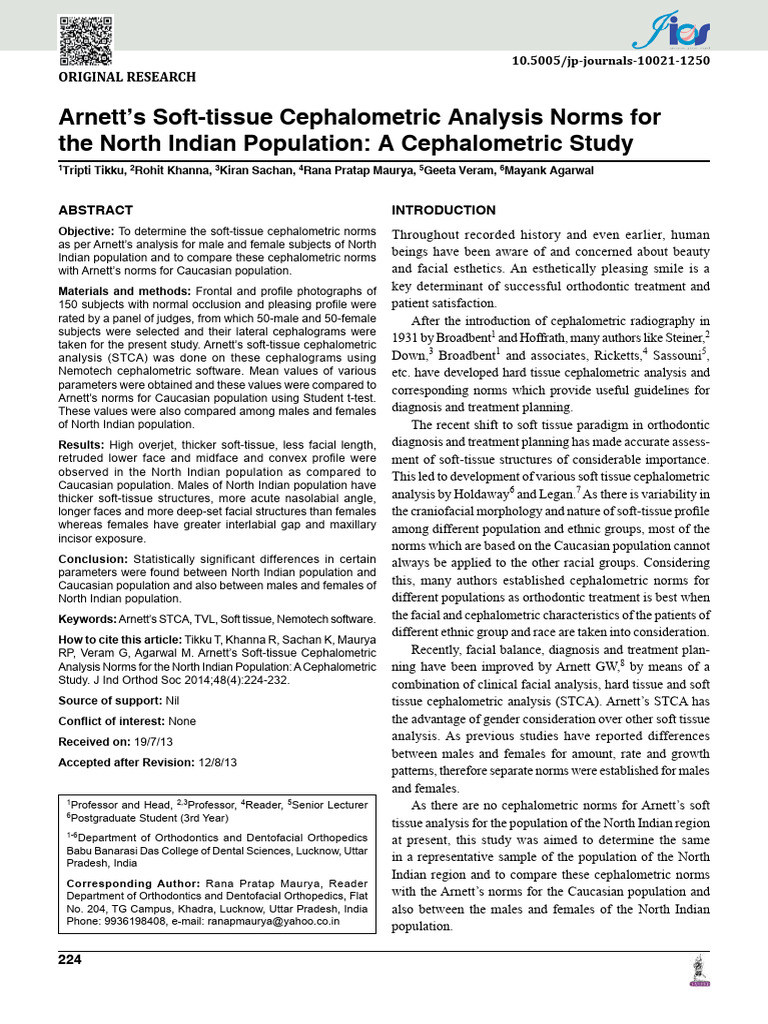Arnetts Soft-Tissue Cephalometric Analysis Norms For The North Indian Population A Cephalometric ...