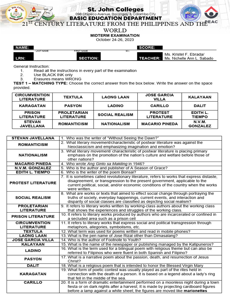 21ST Lit Midterm Exam Answer Key | PDF | Poetry