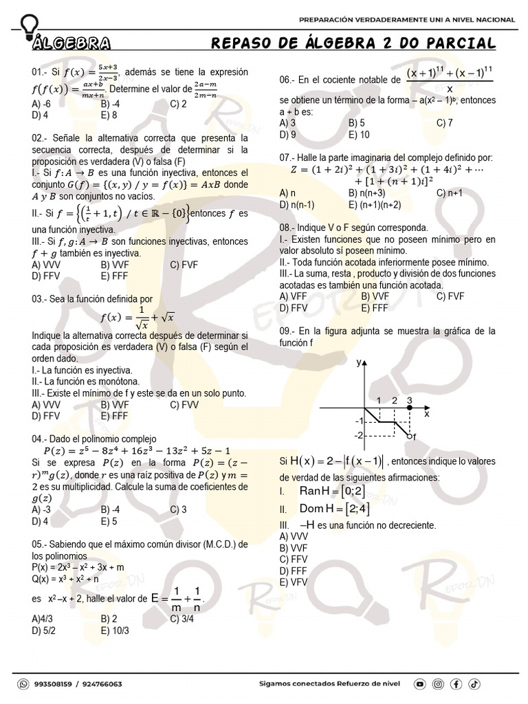 Examen de Repaso de Álgebra | PDF | Función (Matemáticas) | Número complejo