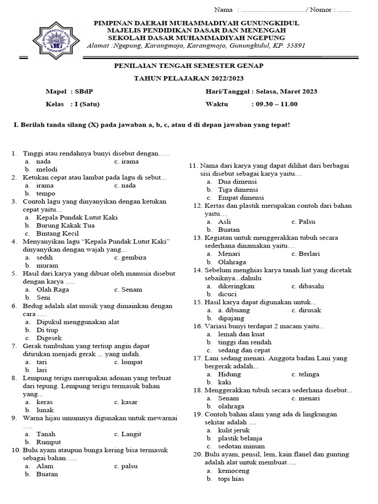 SOAL PTS SBDP KELAS 1 SEMESTER GENAP | PDF