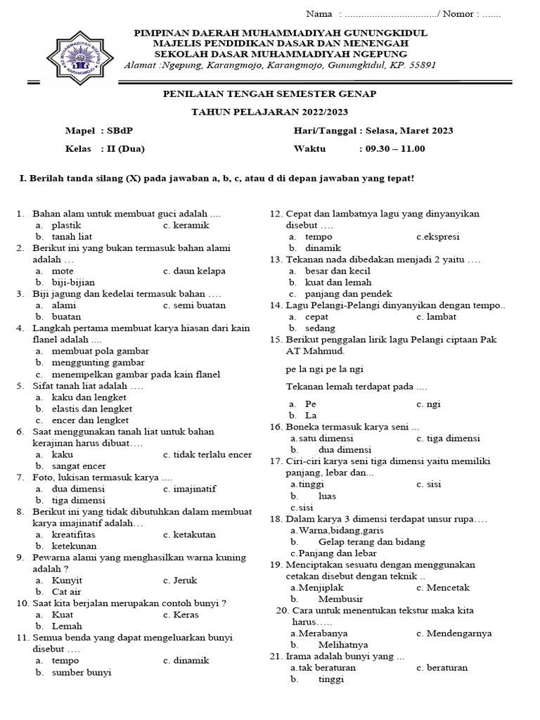 Soal PTS SBDP Kelas 2 Semester Genap | PDF Soal PTS SBDP Kelas 2 Semester Genap | PDF