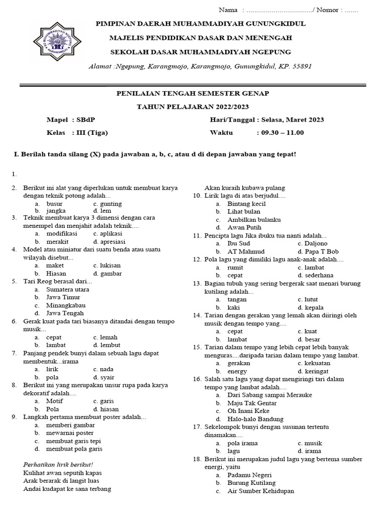 SOAL PTS SBDP KELAS 3 SEMESTER GENAP | PDF