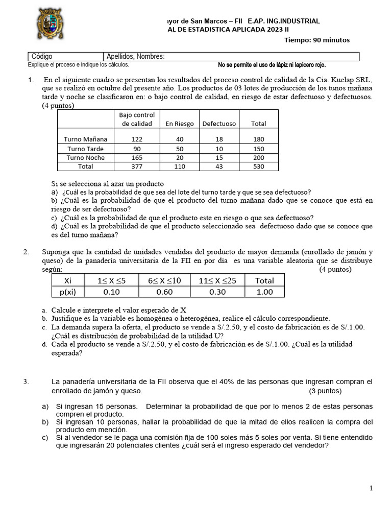 Examen Fanal L Estad Aplic 2023 II EPII FII | PDF | Probabilidad ...