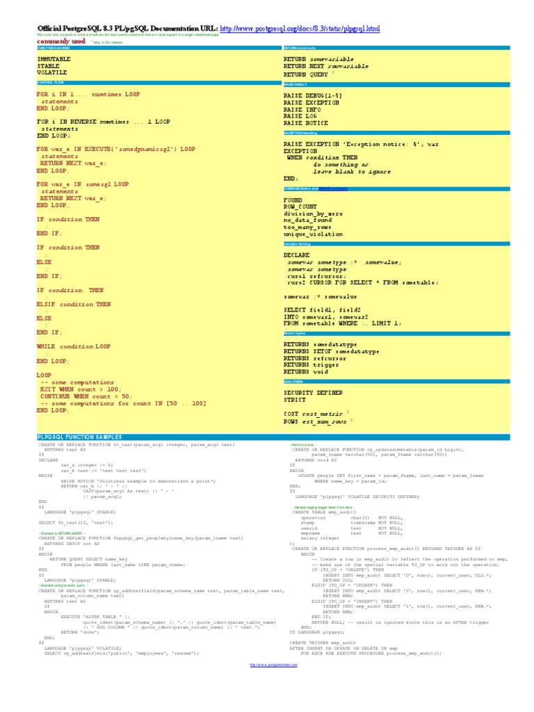 Postgresql83 PLPGSQL Cheatsheet A4 | PDF | Control Flow | Computer Programming