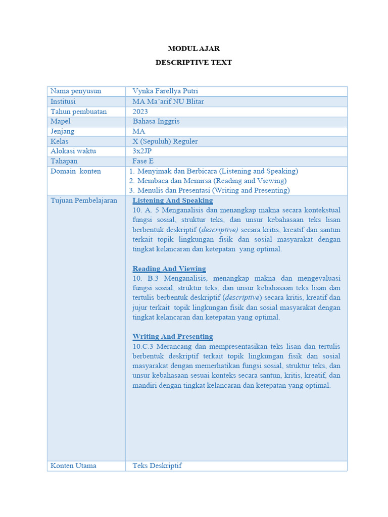 Modul Ajar Descriptive Text | PDF