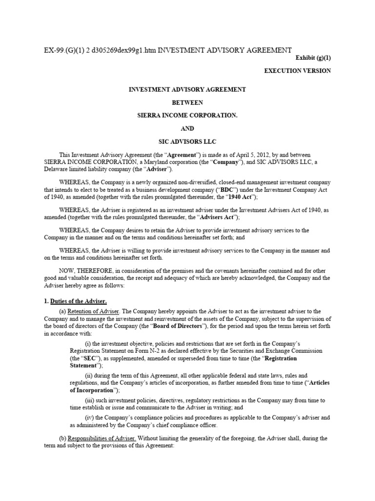 Investment Advisory Agreement 2012 | PDF | Indemnity | Income