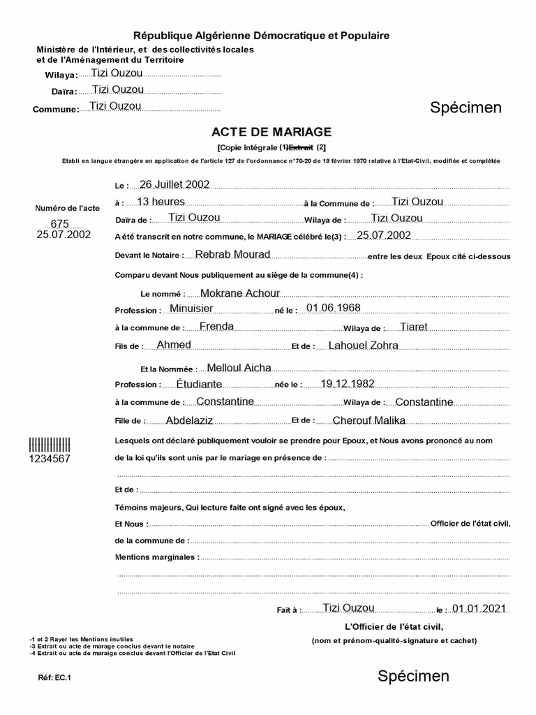 Acte de Mariage Copie Intégrale | PDF