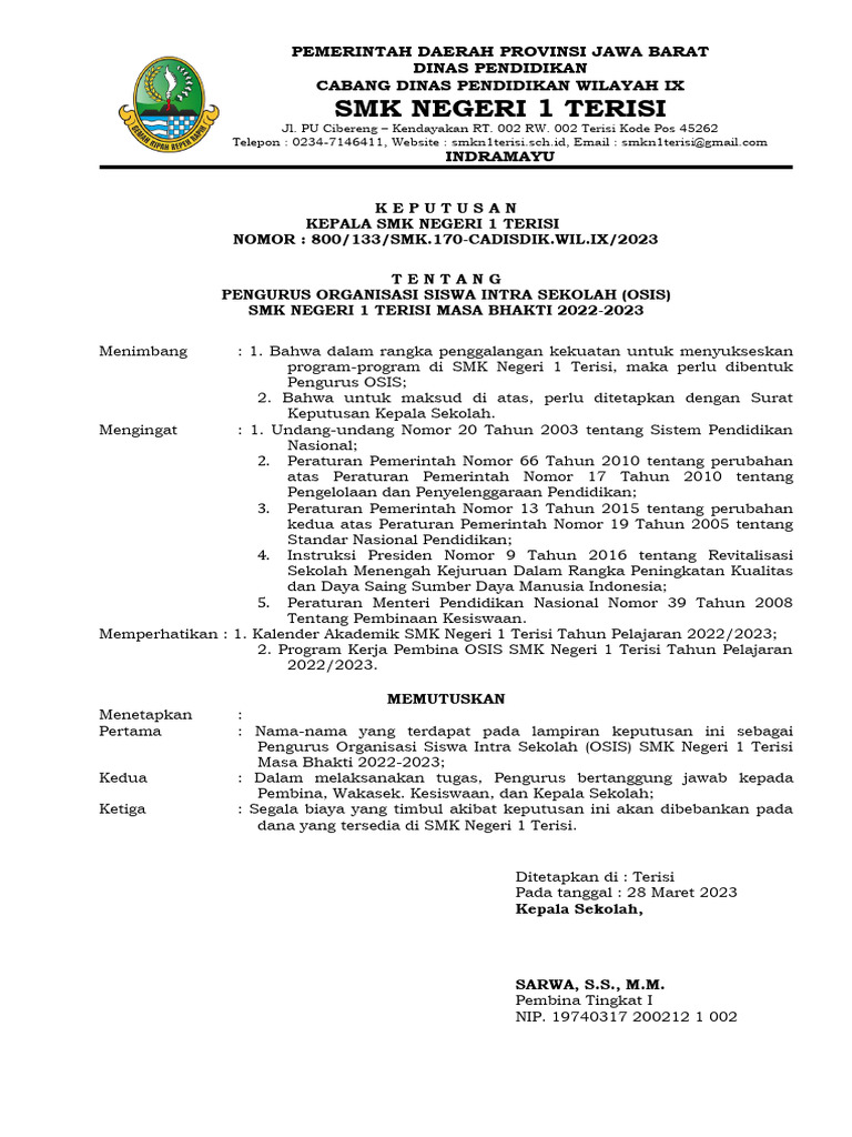 SK Pengurus Osis SMK Negeri 1 Terisi 2022-2023 | PDF