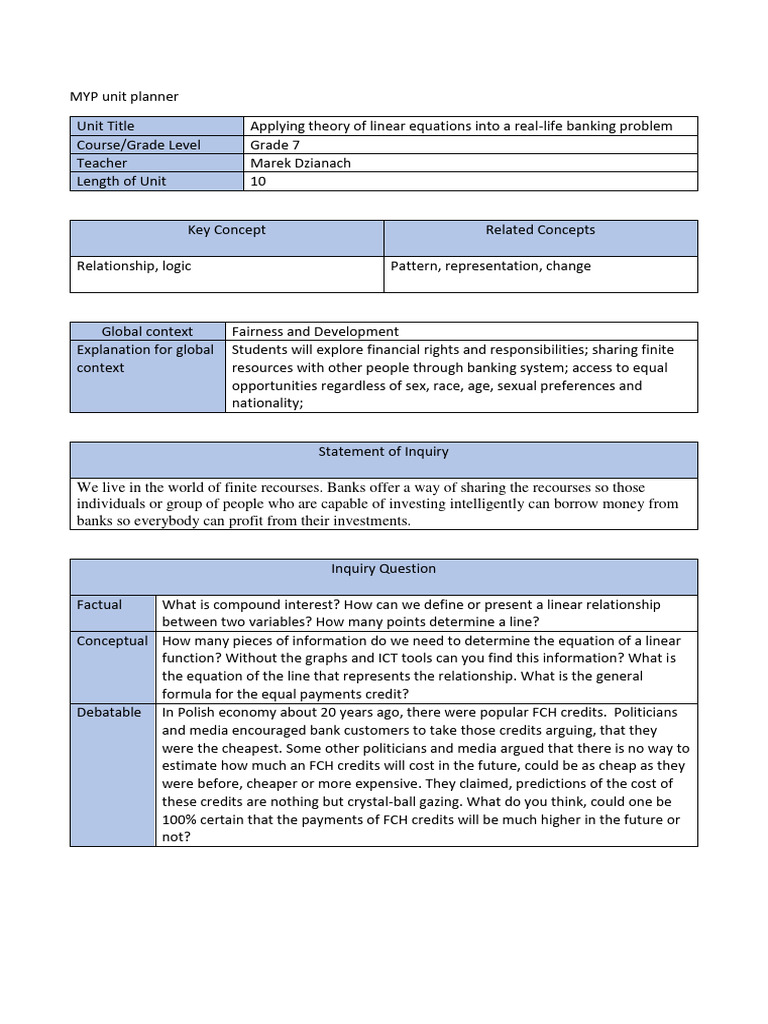 MYP 3 Maths Unit Planner-1 | PDF | Interest