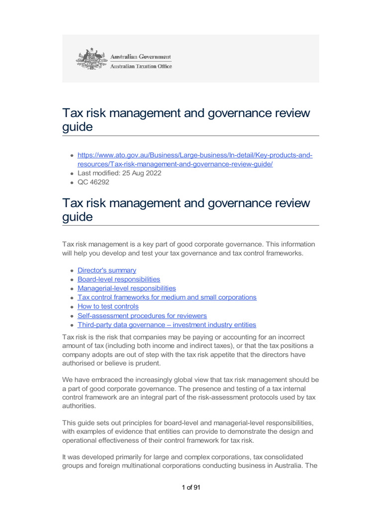 ATO Tax Risk MGT & Governance Review Guide | PDF | Internal Control | Taxes