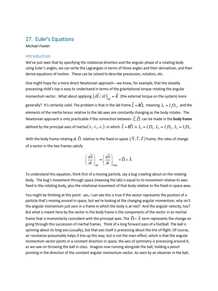 CM 27 Eulers Equations | PDF | Rotation Around A Fixed Axis | Angular Momentum