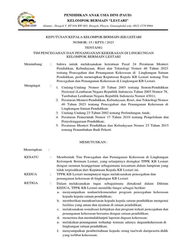 SK Kepala Sekolah Pembentukan TPPK | PDF