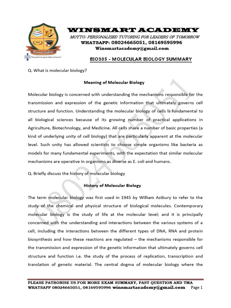 Bio305 Molecular Biology Summary 08024665051 | PDF | Translation (Biology) | Molecular Biology