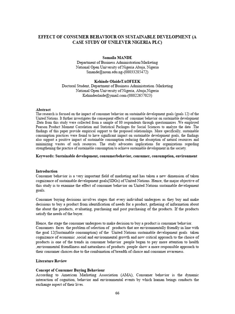 Effect of Consumer Behaviour On Sustainable Development (A Case Study of Unilever Nigeria PLC ...