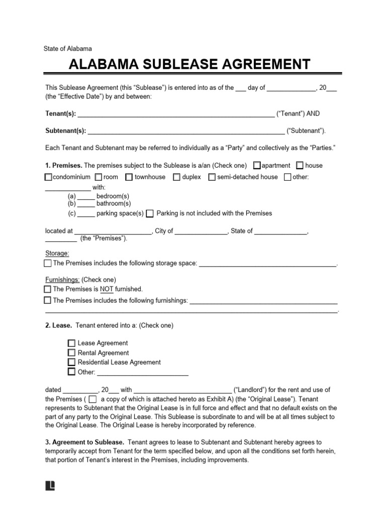 Alabama Sublease Agreement Template | PDF | Lease | Leasehold Estate
