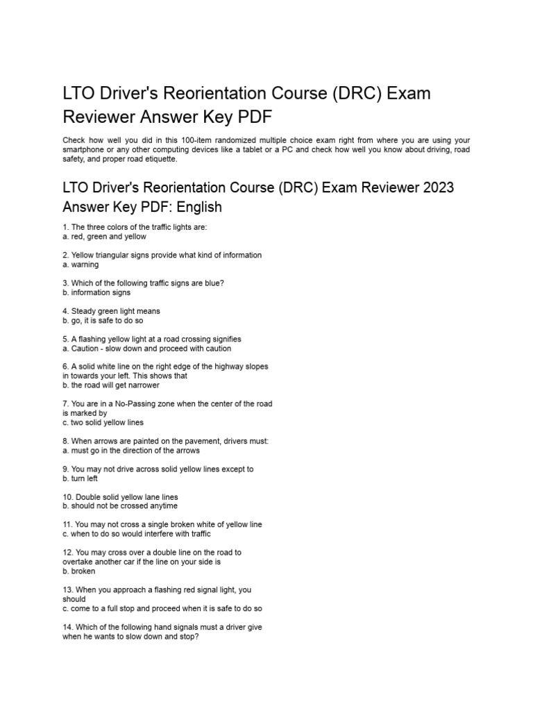 DRC Exam Reviewer 2023 PDF 1 | PDF | Traffic | Intersection (Road)