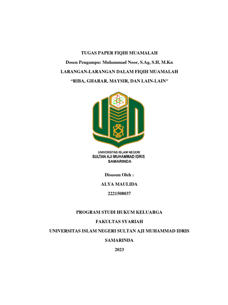 TUGAS PAPER ALYA MAULIDA Riba, Maysir, Gharar | PDF