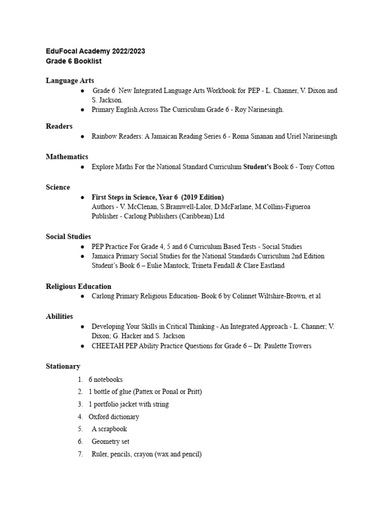 Grade 6 Booklist for EduFocal Academy | PDF | Wellness