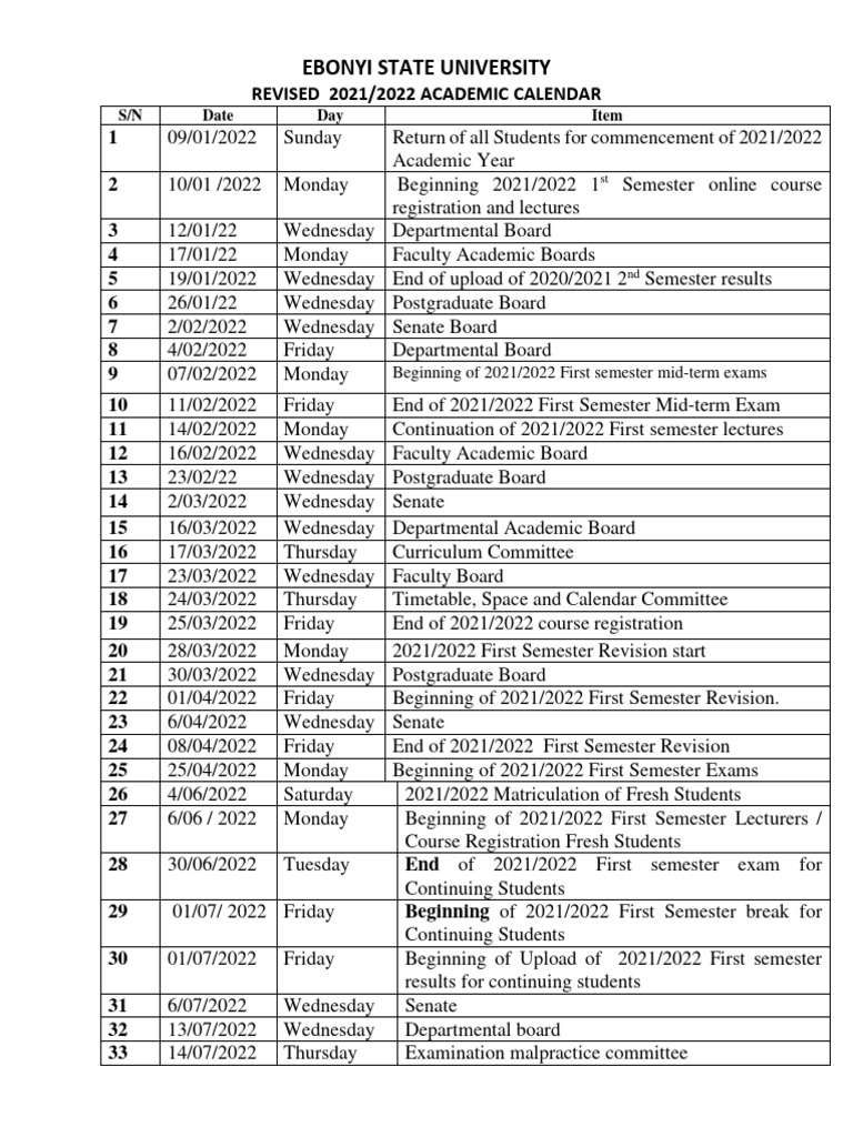 Ebonyi State University Revised Calender 2022 | PDF | Academic Term ...