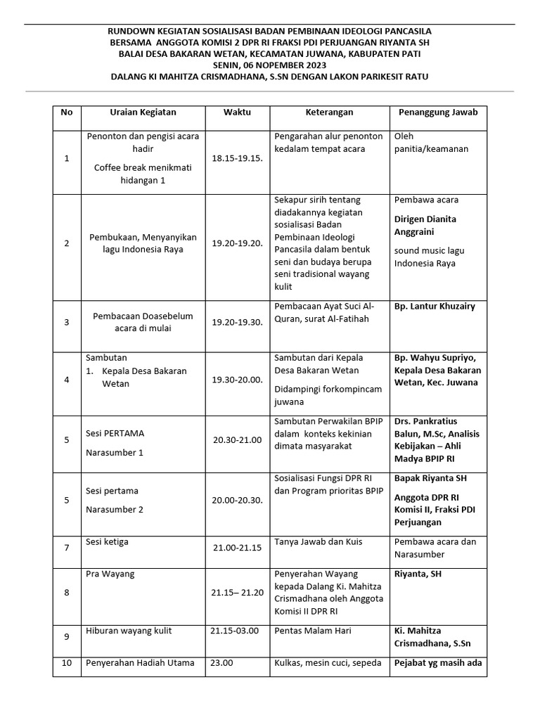 RUNDOWN KEGIATAN SOSIALISASI BPIP - Wayang | PDF