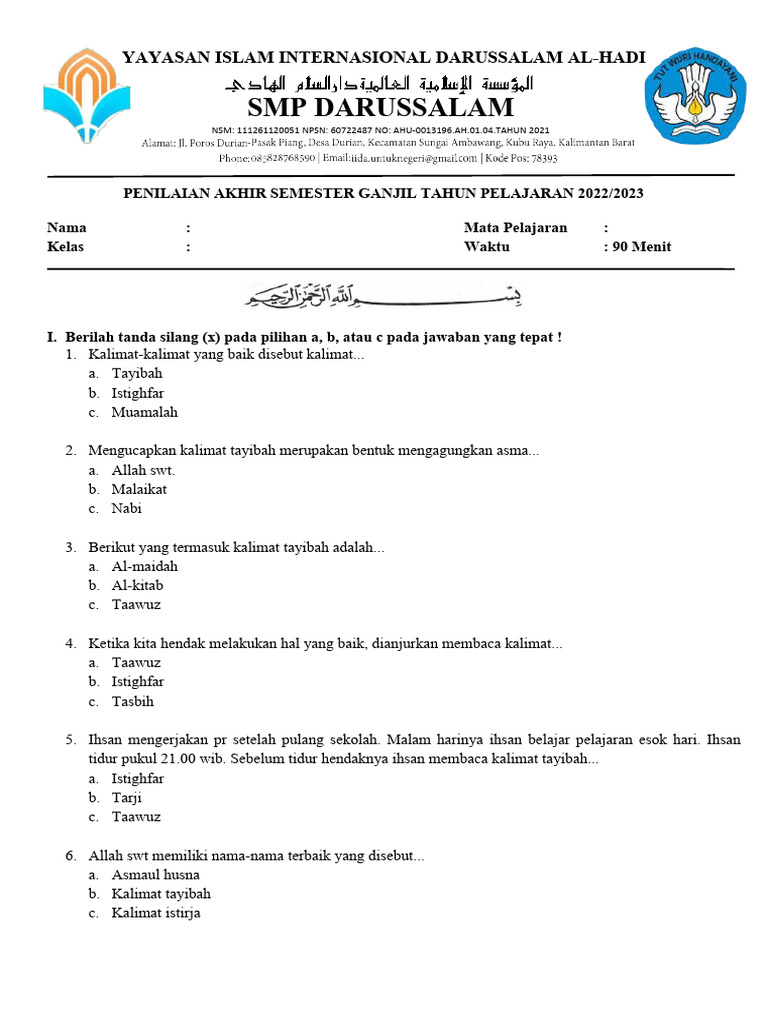 Penilaian Akhir Semester SMP Darussalam | PDF