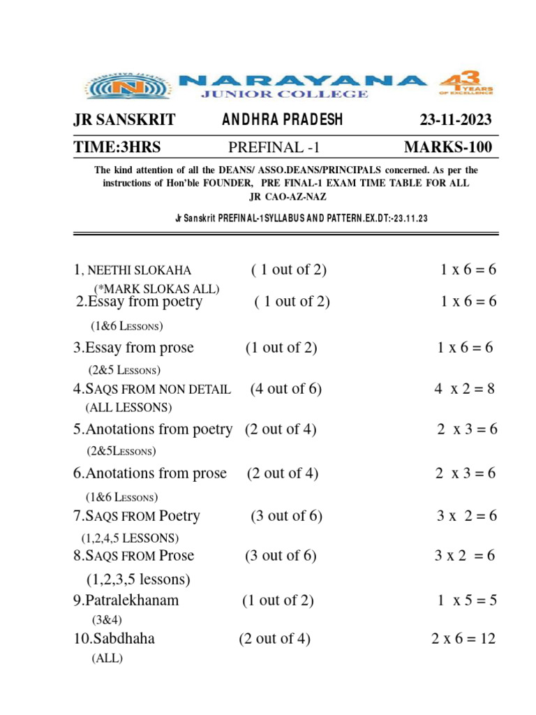 JR Sanskrit 23-11-2023 Time:3Hrs Prefinal - 1 Marks-100 | PDF