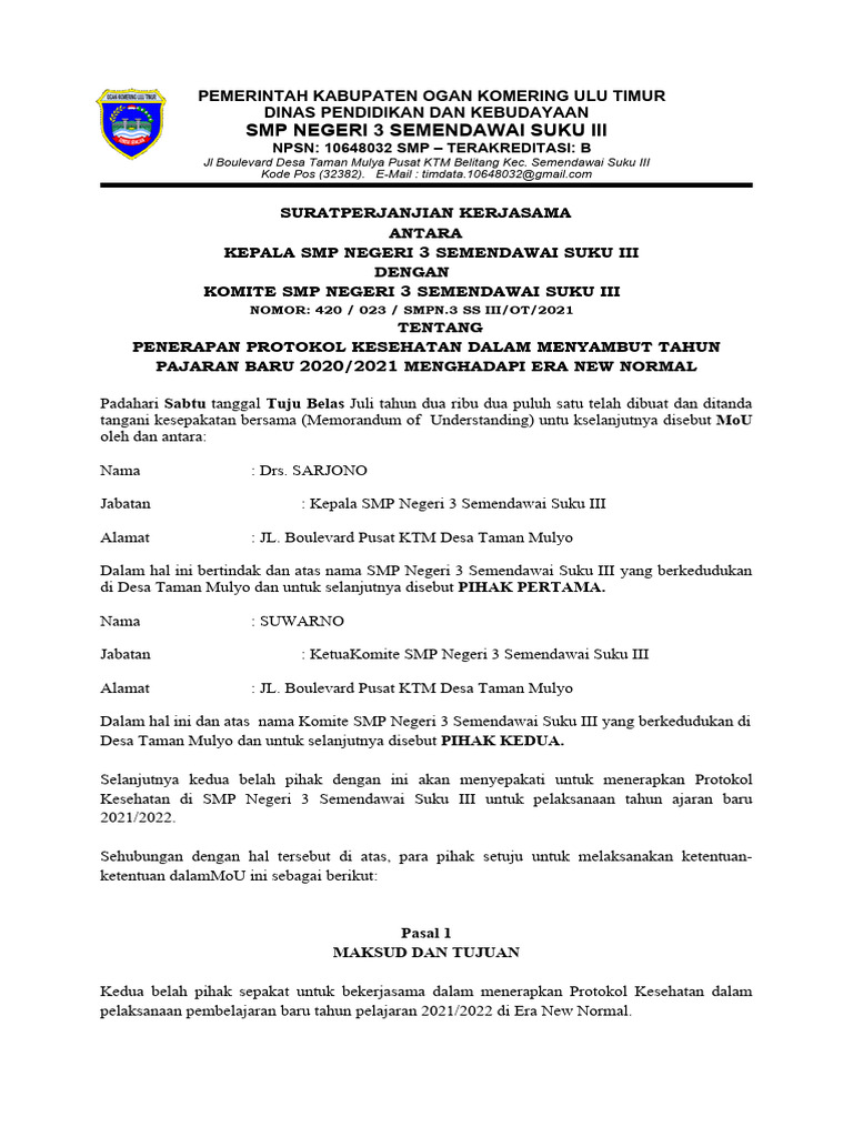 MoU BERSAMA KOMITE Protokol Kesehatan | PDF | Hukum