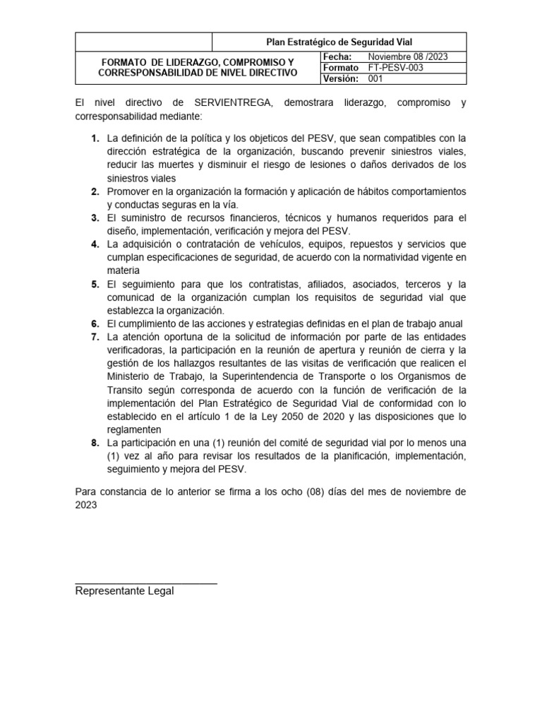 FT-PESV-003 Formato de Liderazgo, Compromiso y Corresponsabilidad Del Nivel Directivo | PDF ...