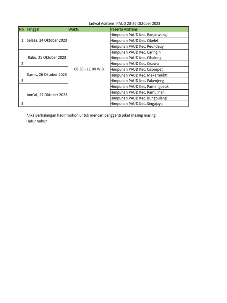 Jadwal Asistensi PAUD 24-27oktober 2023 | PDF