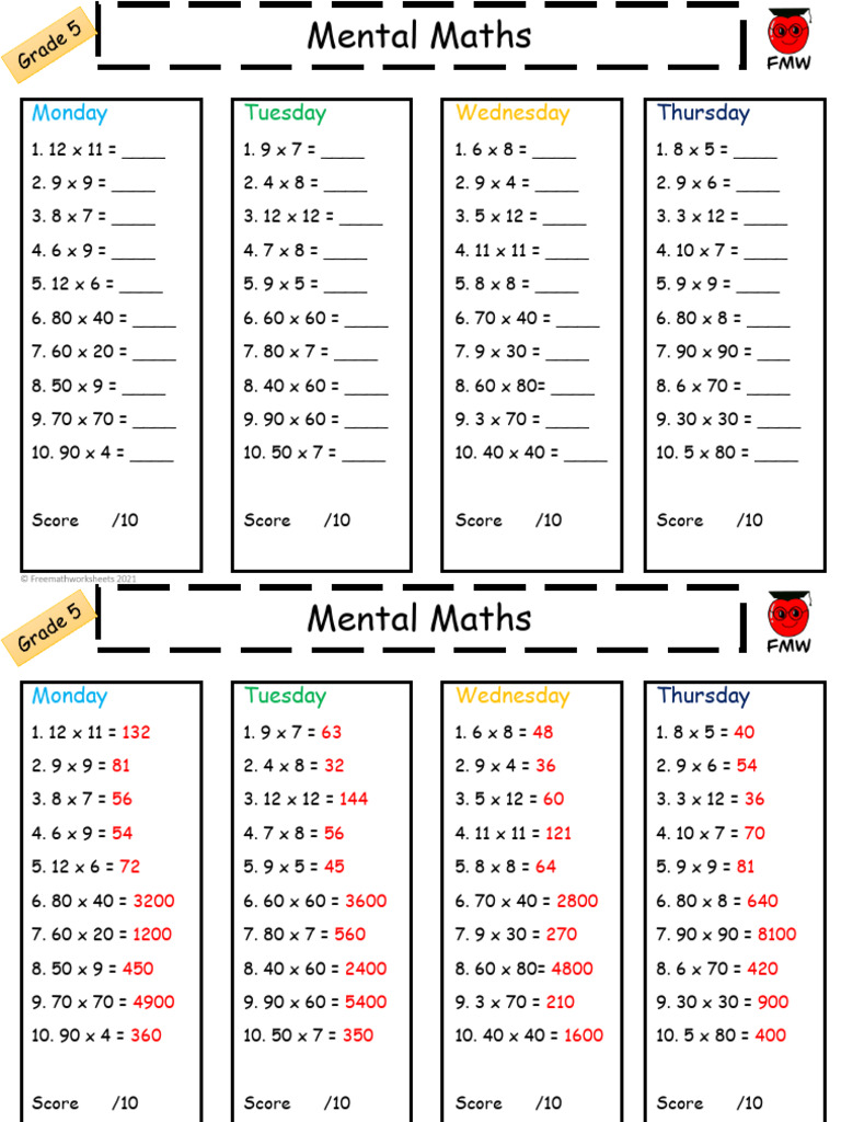 Grade 5 Mental Maths Multiplication Worksheet 1 | PDF