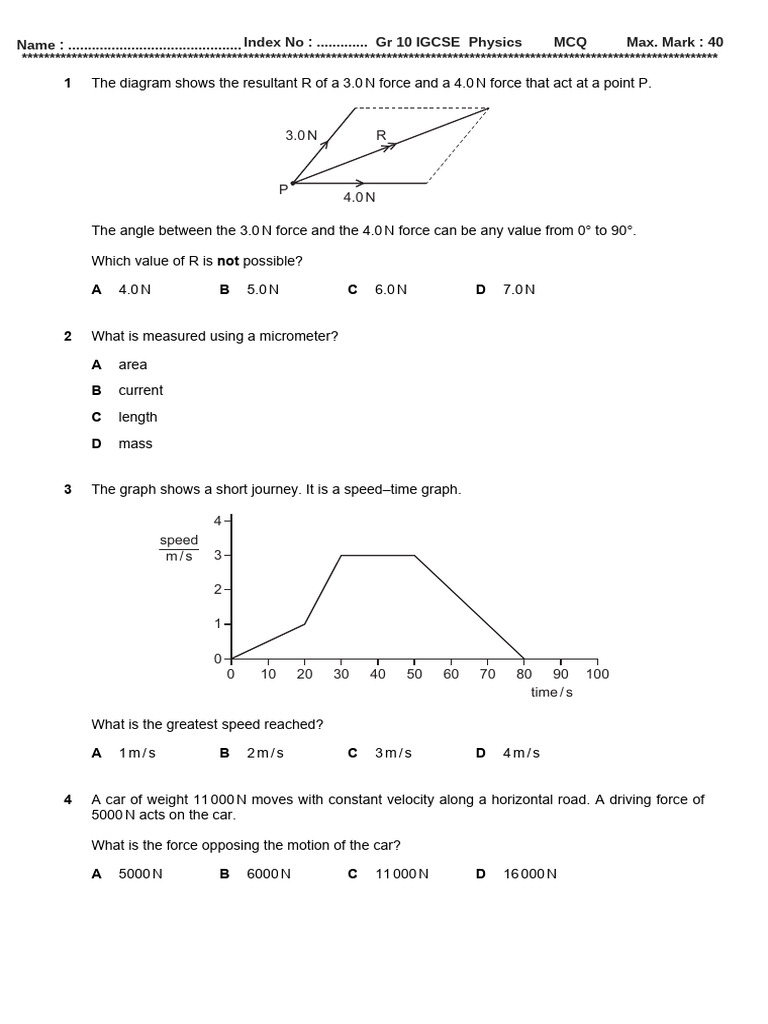 AArya 1 MCQ | PDF | Force | Density