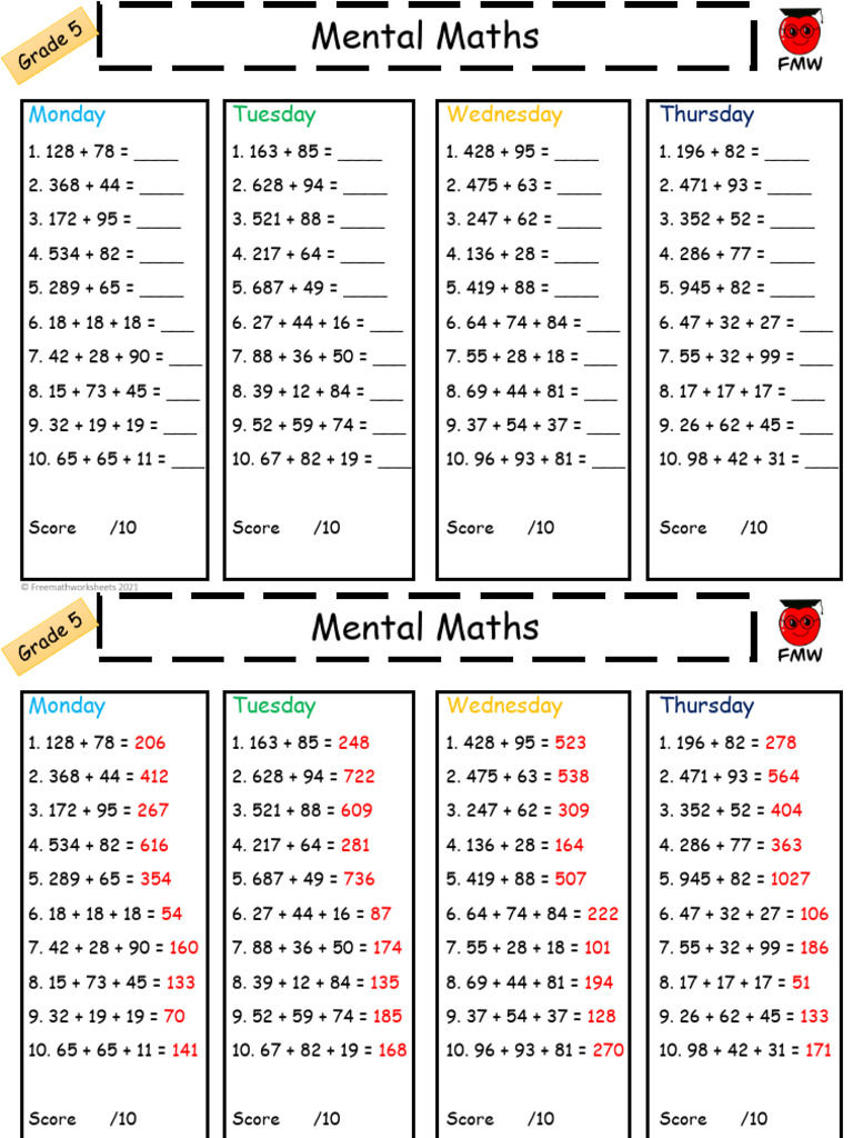 Grade 5 Mental Math Worksheet | PDF