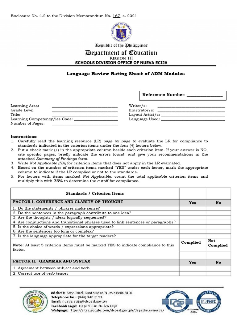 Language Evaluation Rating Sheet of ADM Modules | PDF | Word | Comma