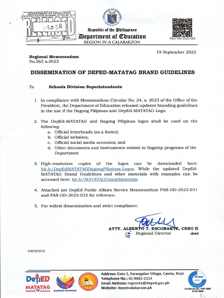 Regional Memorandum DISSEMINATION OF DEPED MATATAG BRAND GUIDELINES | PDF