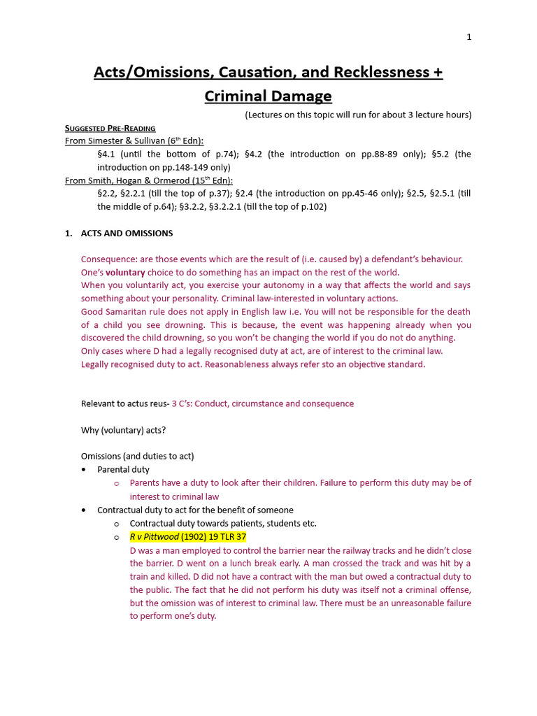 Acts, Omissions, Causation, and Recklessness + Criminal Damage Handout ...