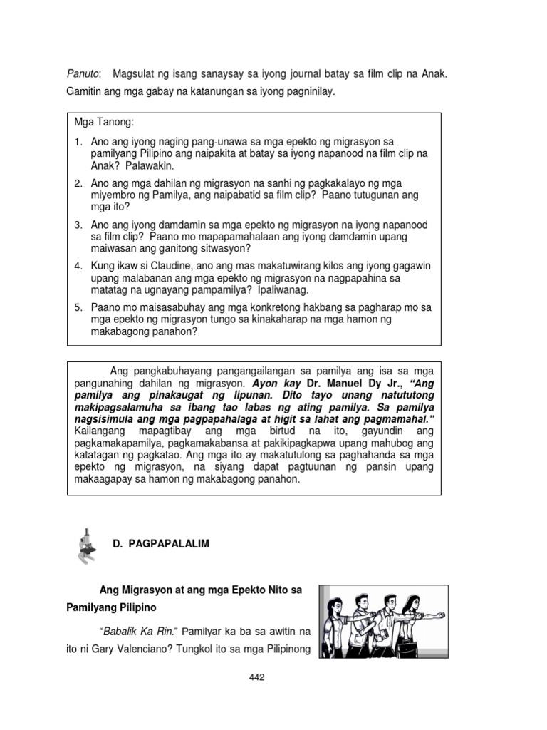 Modyul 16 Epekto NG Migrasyon Sa Pamilyang Pinipino | PDF